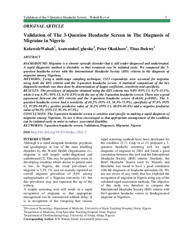(PDF) Validation of The 3-Question Headache Screen in The Diagnosis of ...