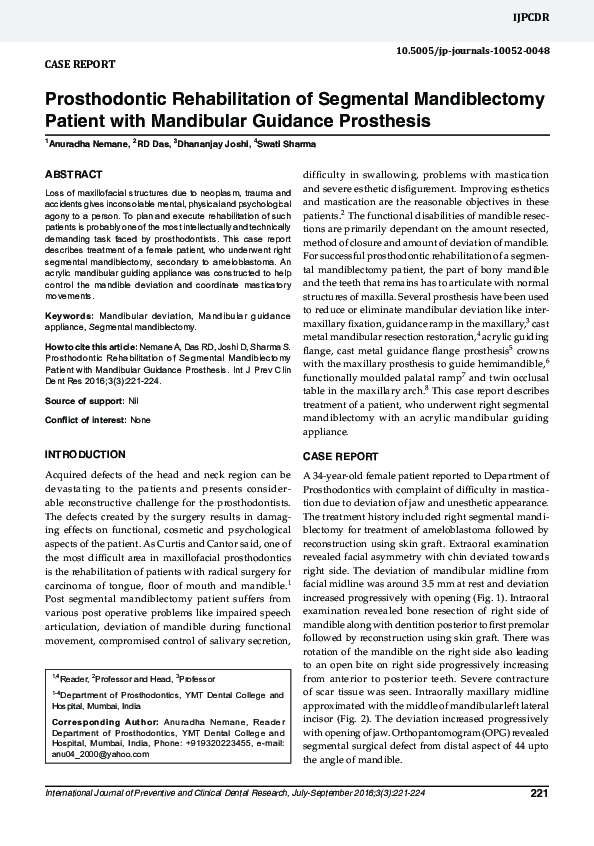 (PDF) Prosthodontic Rehabilitation of Segmental Mandiblectomy Patient ...