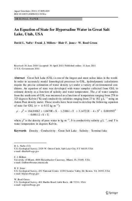 (PDF) An Equation of State for Hypersaline Water in Great Salt Lake ...