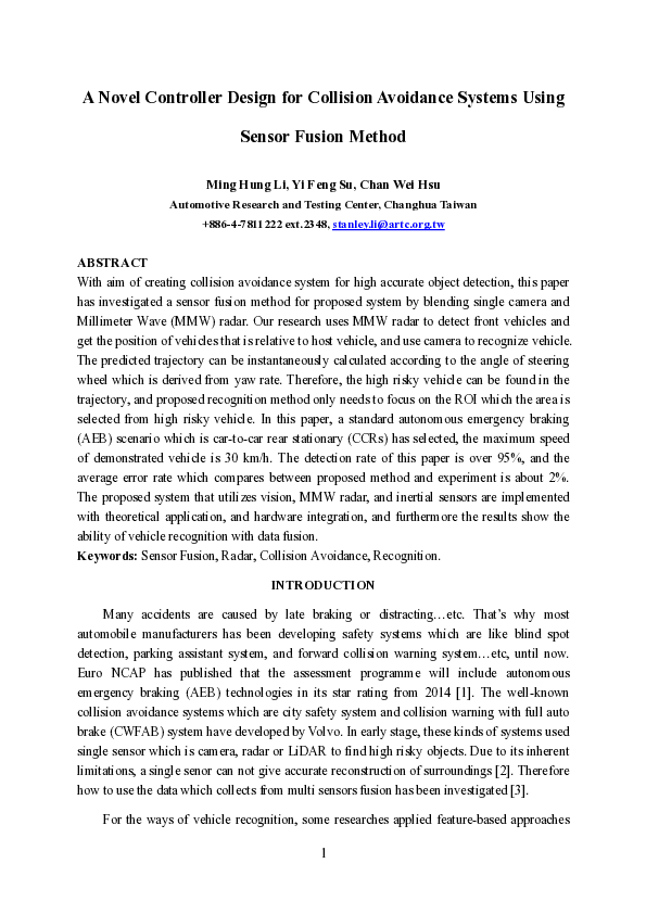 Pdf A Novel Controller Design For Collision Avoidance Systems Using Sensor Fusion Method