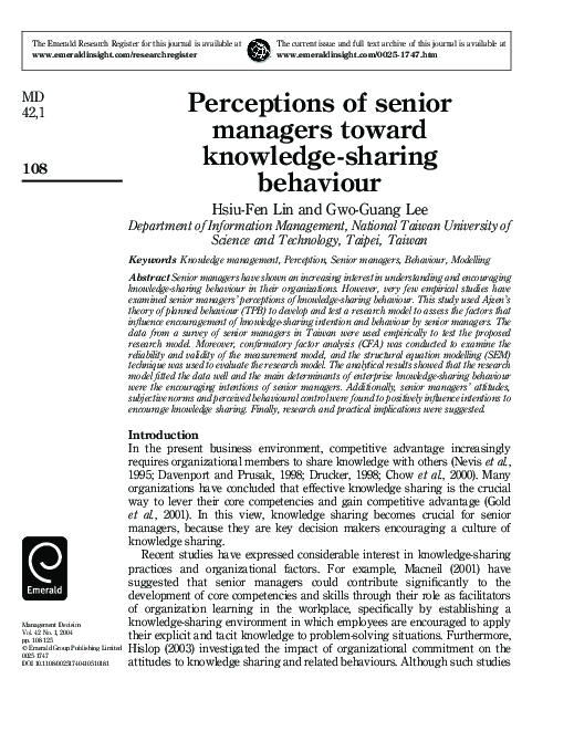 (PDF) Perceptions of senior managers toward knowledge‐sharing behaviour
