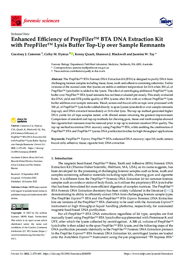 Pdf Enhanced Efficiency Of Prepfiler™ Bta Dna Extraction Kit With Prepfiler™ Lysis Buffer Top