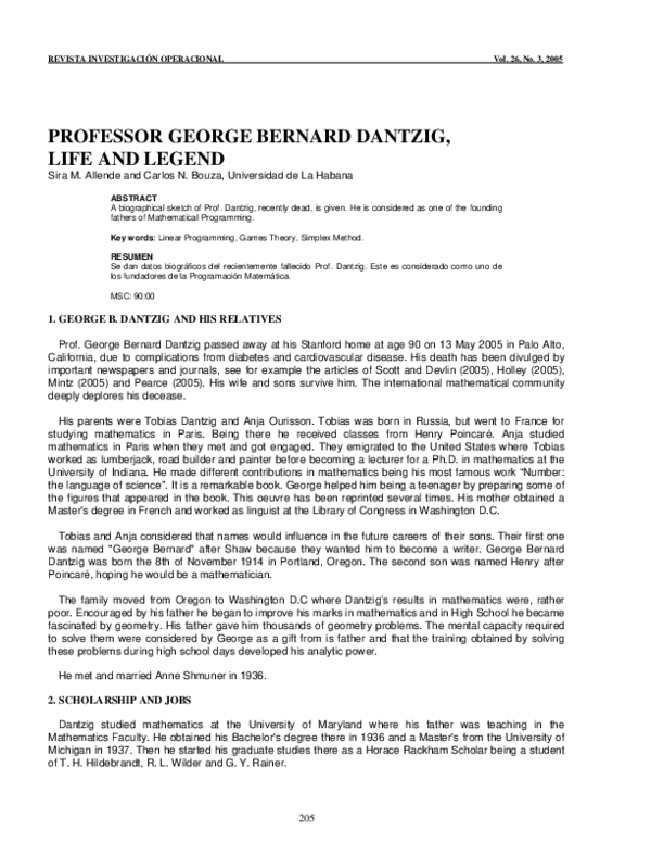 (PDF) Professor George Bernard Dantzig, Life and Legend