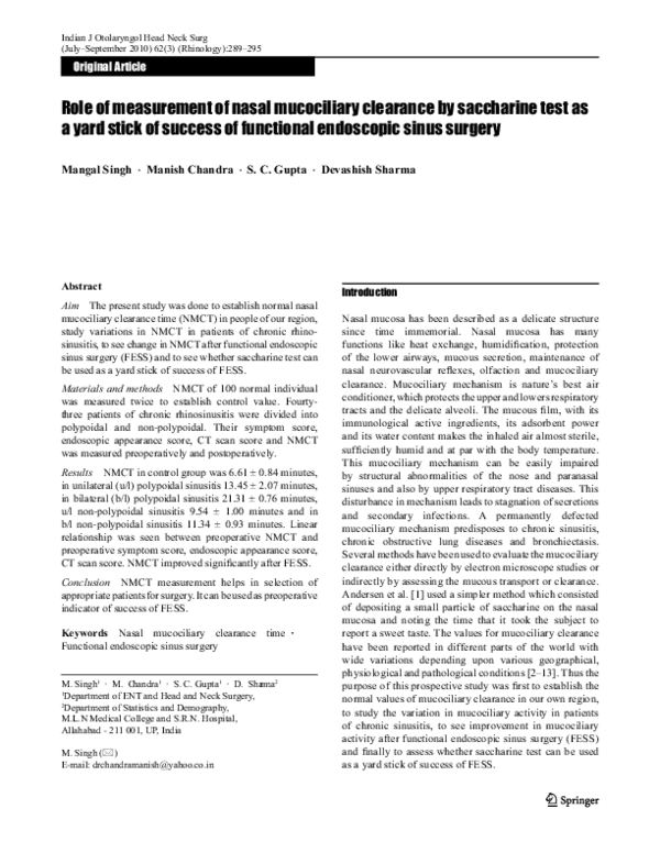 (PDF) Role of measurement of nasal mucociliary clearance by saccharine ...