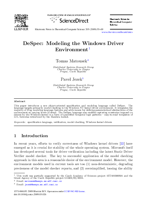 (PDF) DeSpec: Modeling the Windows Driver Environment