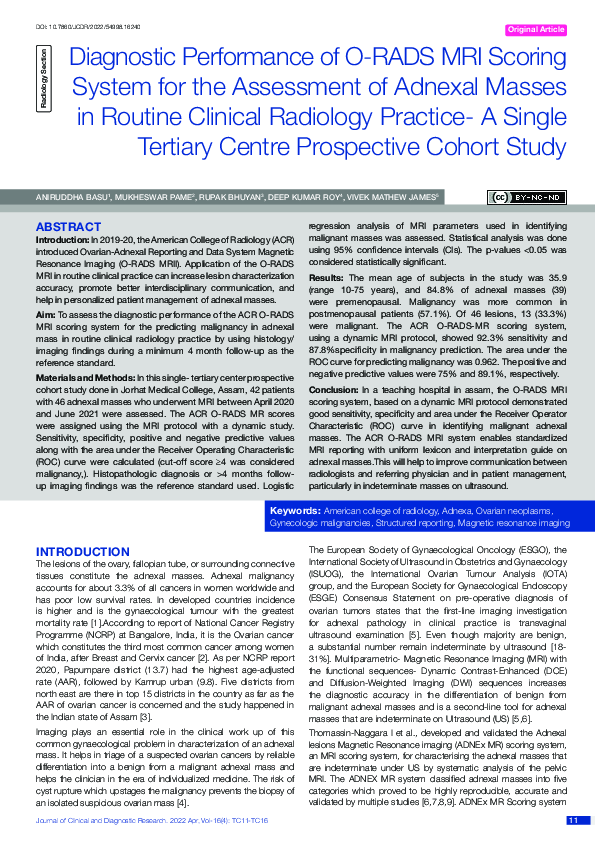 (PDF) Diagnostic Performance of O-RADS MRI Scoring System for the Assessment of Adnexal Masses ...