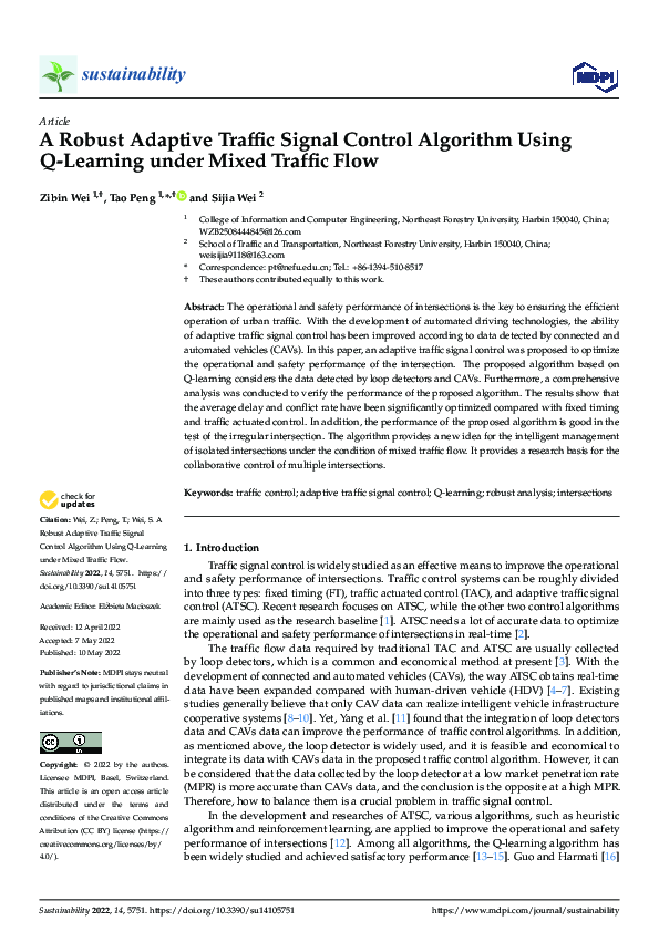 Pdf A Robust Adaptive Traffic Signal Control Algorithm Using Q Learning Under Mixed Traffic Flow