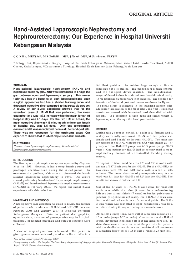 (PDF) Hand-assisted laparoscopic nephrectomy and nephroureterectomy ...
