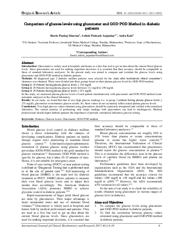 (PDF) Comparison of glucose levels using glucometer and GOD-POD Method ...
