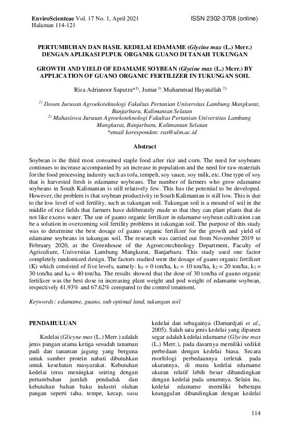 (PDF) PERTUMBUHAN DAN HASIL KEDELAI EDAMAME (Glycine max (L.) Merr.) DENGAN APLIKASI PUPUK ...
