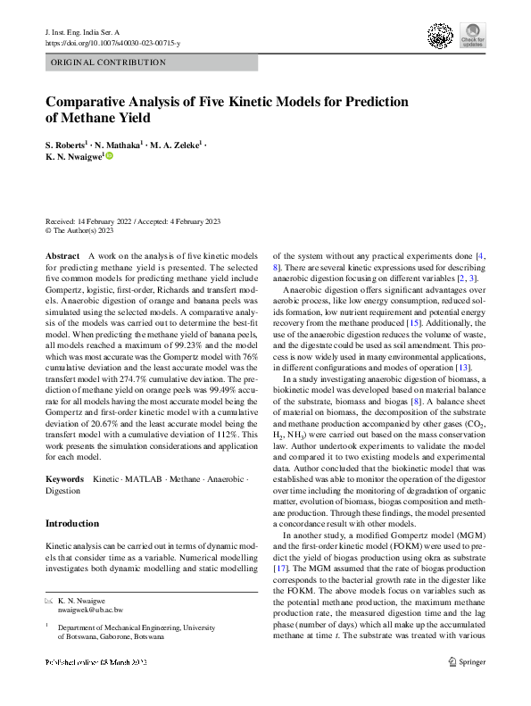 Comparative Analysis of Five Kinetic Models for Prediction of Methane Yield