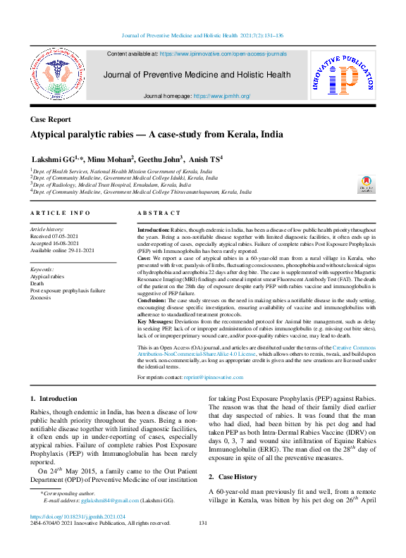 (PDF) Atypical paralytic rabies — A case-study from Kerala, India