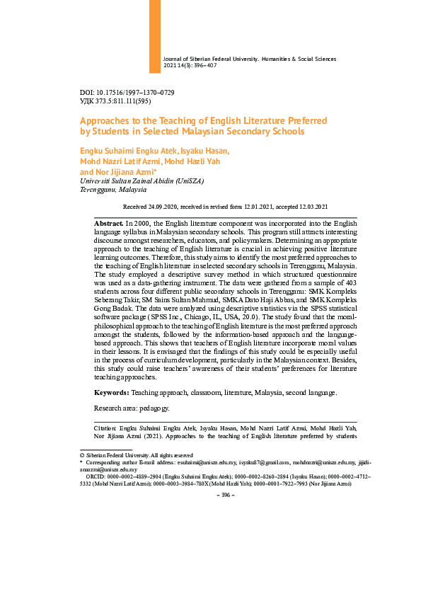 (PDF) Approaches to the Teaching of English Literature Preferred by Students in Selected ...