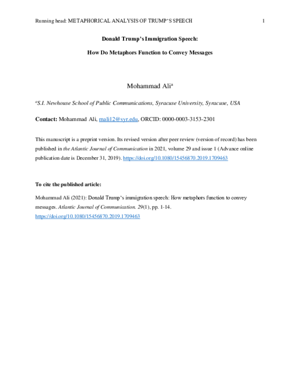 (PDF) Donald Trumps immigration speech How metaphors function to convey ...