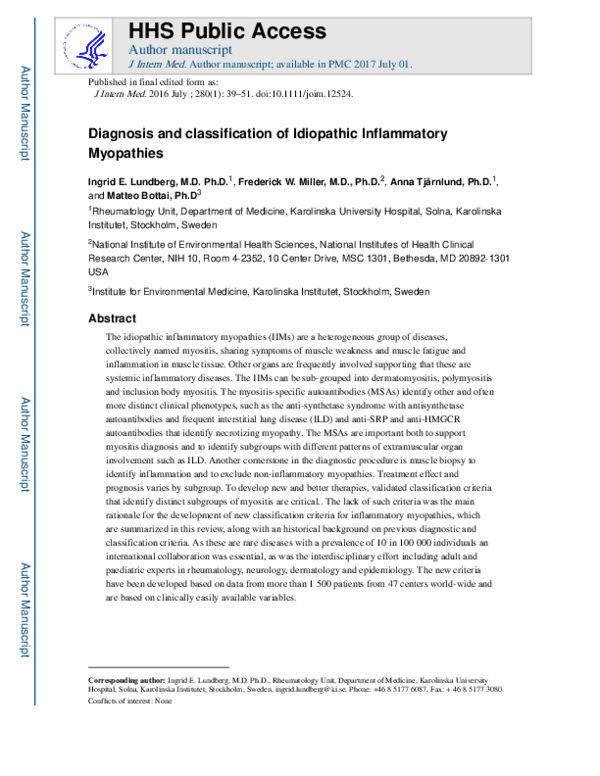 (PDF) Diagnosis and classification of idiopathic inflammatory myopathies