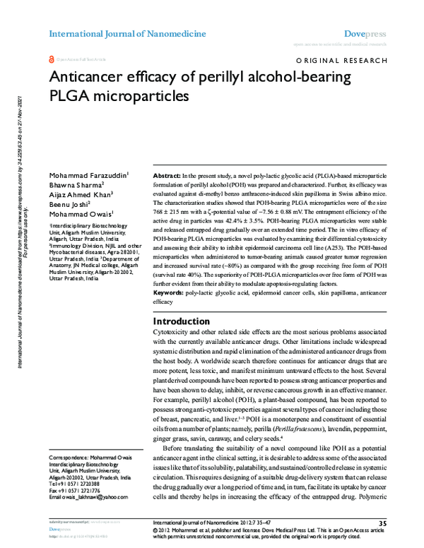 (PDF) Anticancer efficacy of perillyl alcohol-bearing PLGA microparticles