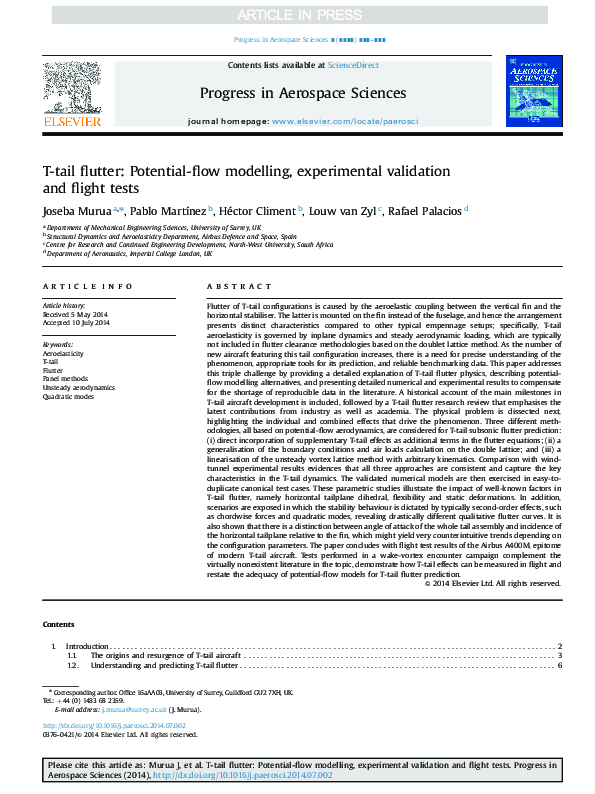 (PDF) T-tail flutter: Potential-flow modelling, experimental validation ...