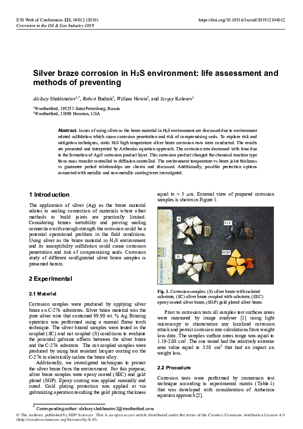 (PDF) Silver braze corrosion in H2S environment: life assessment and ...