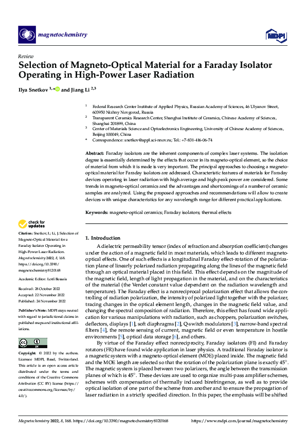(PDF) Selection of Magneto-Optical Material for a Faraday Isolator ...