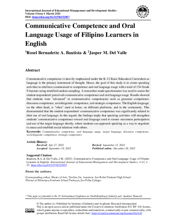 (PDF) Communicative Competence and Oral Language Usage of Filipino ...