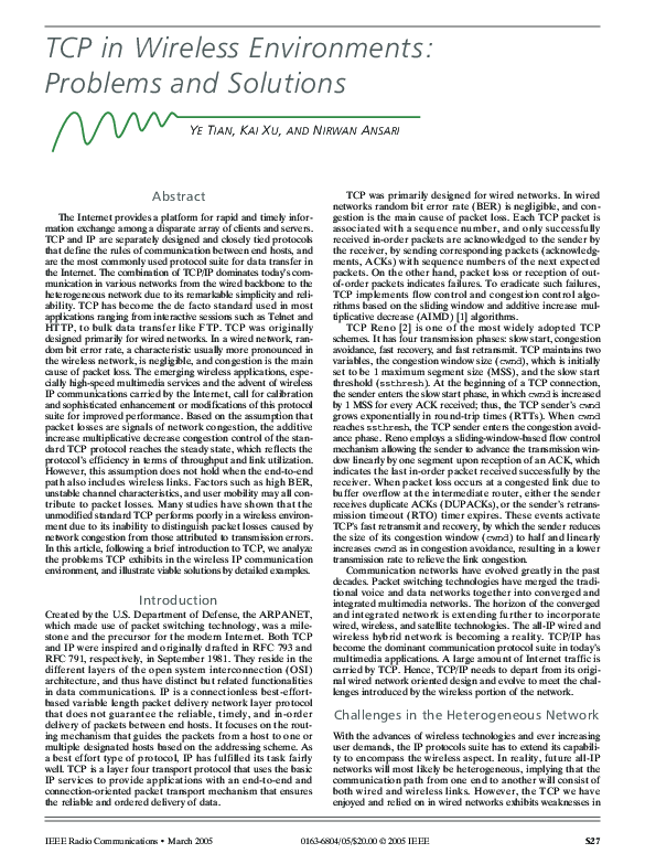 Pdf Tcp In Wireless Environments Problems And Solutions