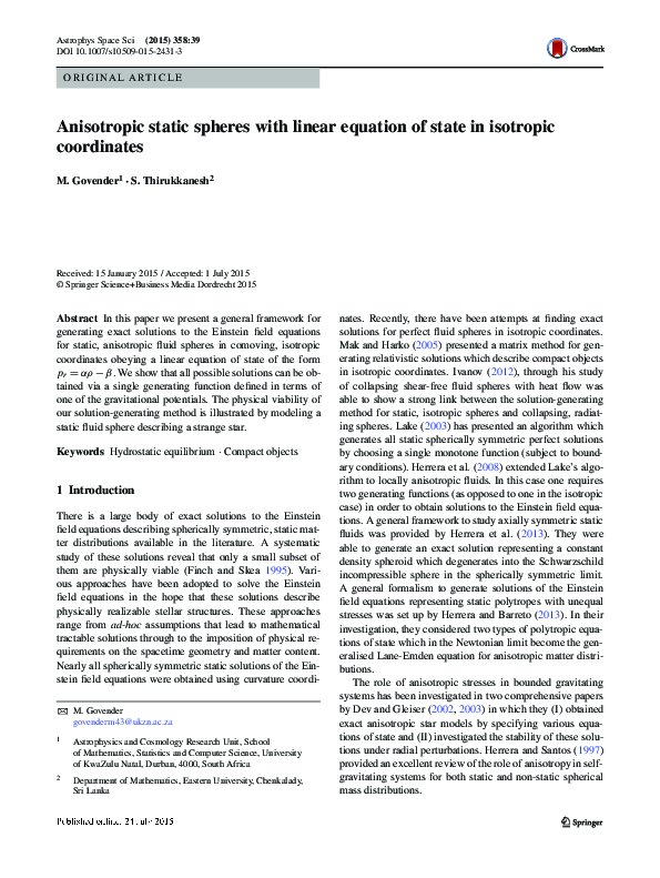 (PDF) Anisotropic static spheres with linear equation of state in ...
