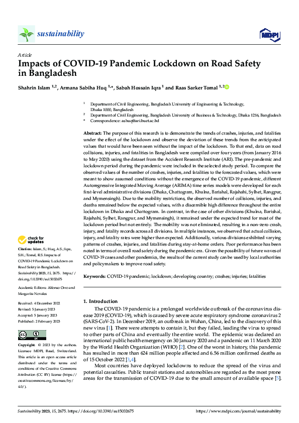 (PDF) Impacts of COVID-19 Pandemic Lockdown on Road Safety in Bangladesh | Raas Sarker Tomal ...
