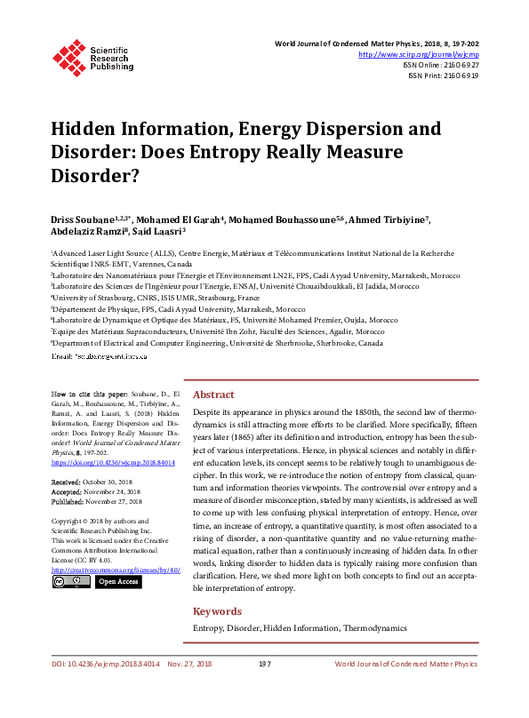 (PDF) Hidden Information, Energy Dispersion and Disorder: Does Entropy Really Measure Disorder?