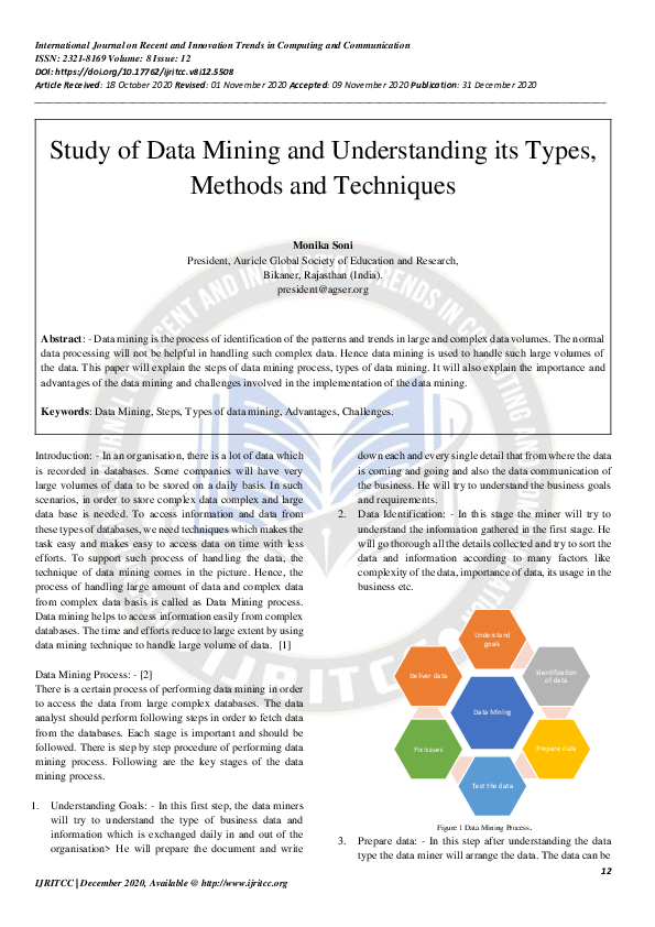 (PDF) Study of Data Mining and Understanding its Types, Methods and ...
