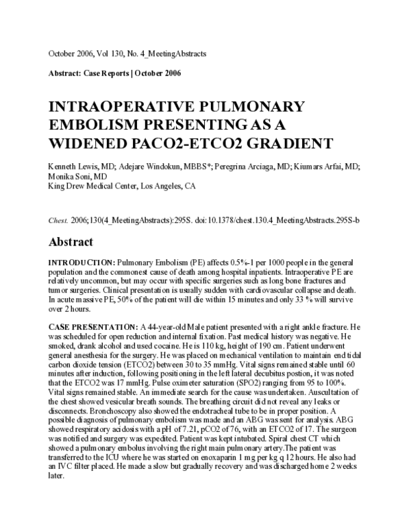 (PDF) Intraoperative Pulmonary Embolism Presenting as a Widened PACO2-ETCO2 Gradient