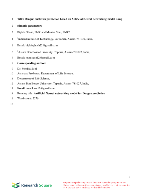 Pdf Dengue Outbreak Prediction Based On Artificial Neural Networking Model Using Climatic