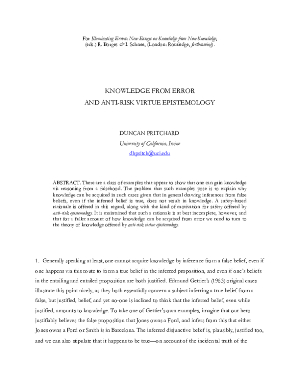 (PDF) Knowledge From Error and Anti-Risk Virtue Epistemology