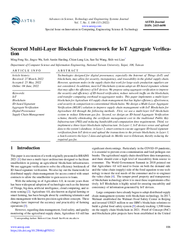 (PDF) Secured Multi-Layer Blockchain Framework for IoT Aggregate Verification