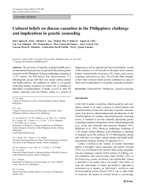 (PDF) Cultural beliefs on disease causation in the Philippines: challenge and implications in ...