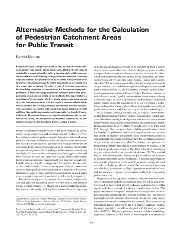 (PDF) Alternative Methods for the Calculation of Pedestrian Catchment Areas for Public Transit