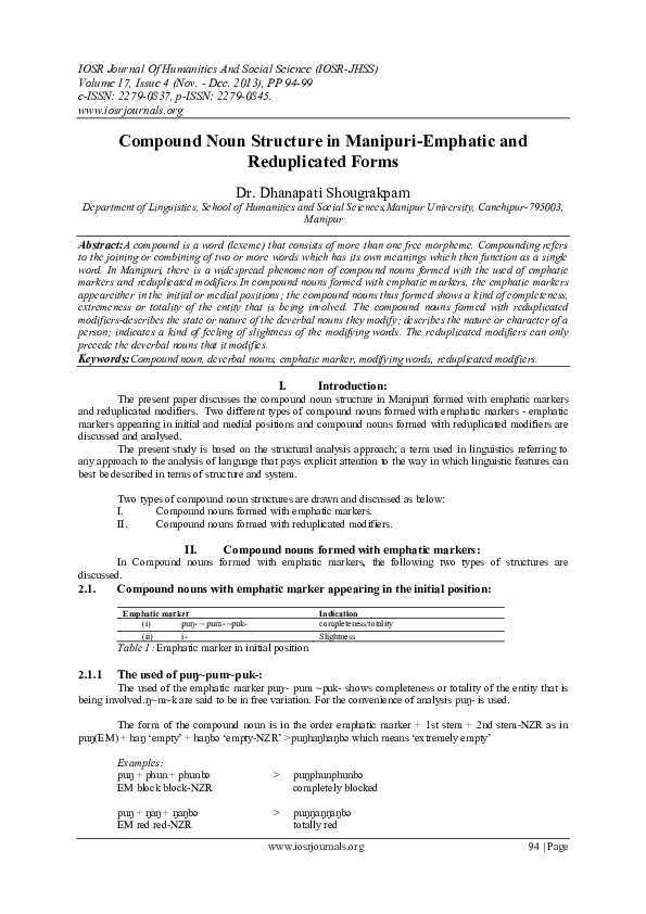 (PDF) Compound Noun Structure in Manipuri-Emphatic and Reduplicated Forms