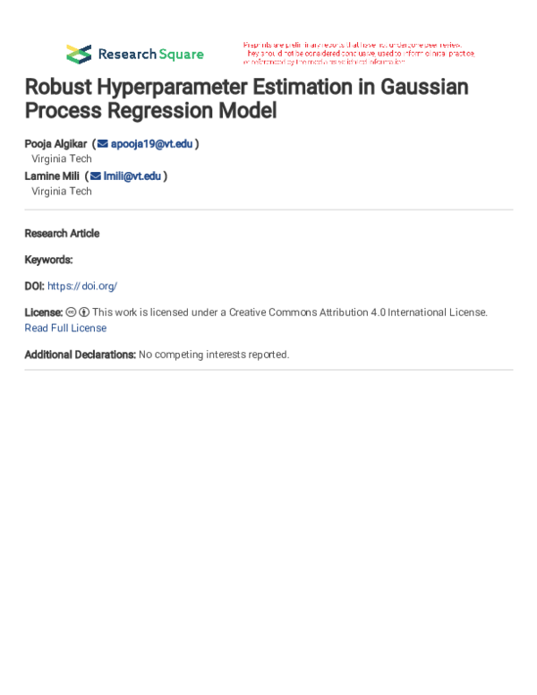 (PDF) Robust Hyperparameter Estimation in Gaussian Process Regression Model (PDF) Robust Hyperparameter Estimation in Gaussian Process Regression Model