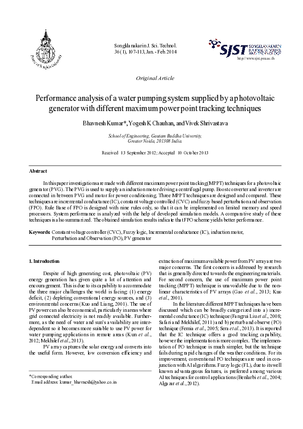 (PDF) Performance analysis of a water pumping system supplied by a photovoltaic generator with ...