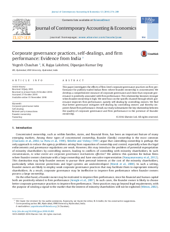 (PDF) Corporate governance practices, self-dealings, and firm performance: Evidence from India