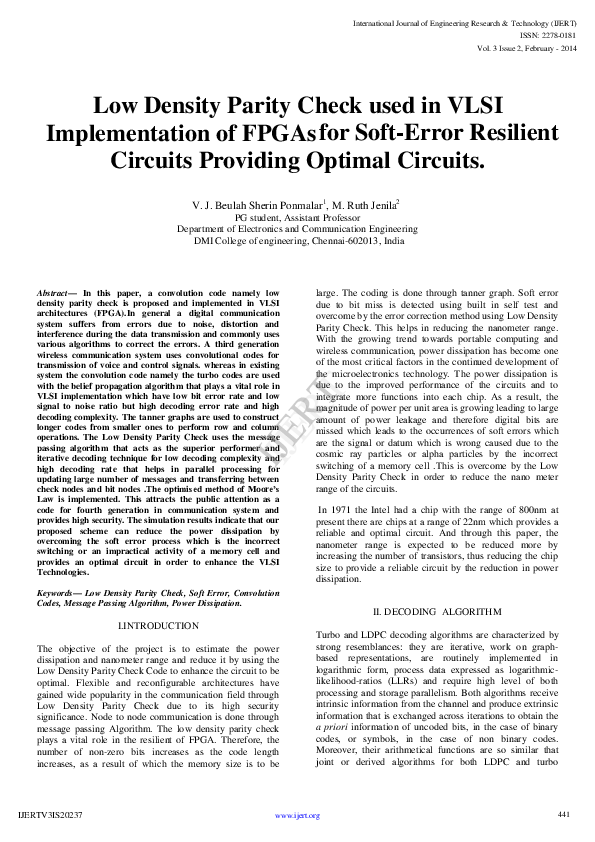 Pdf Low Density Parity Check Used In Vlsi Implementation Of Fpgas For Soft Error Resilient