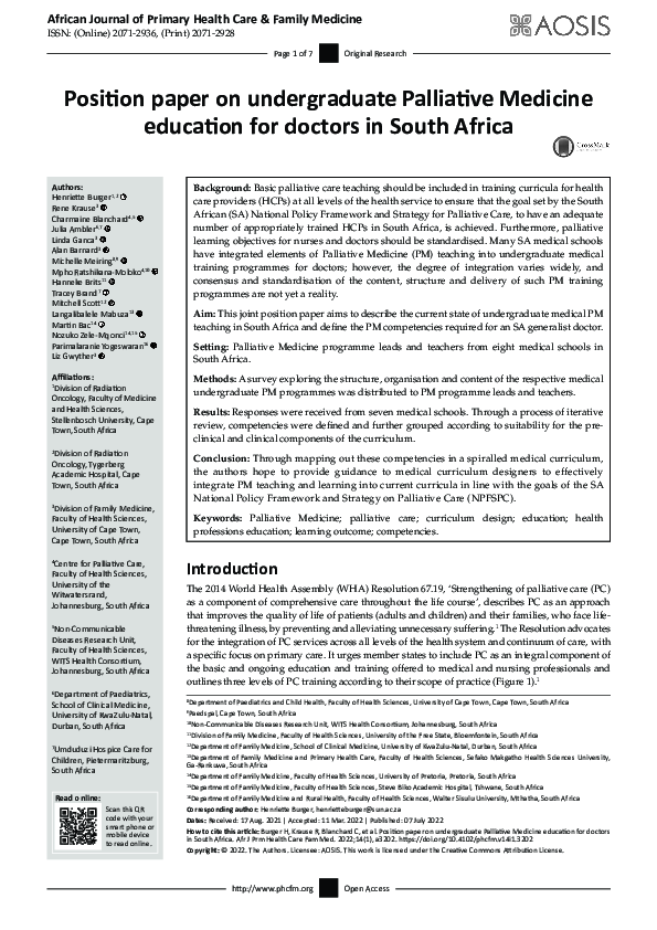 (PDF) Position paper on undergraduate Palliative Medicine education for ...