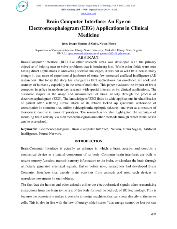 (PDF) Brain Computer Interface-An Eye on Electroencephalogram (EEG ...