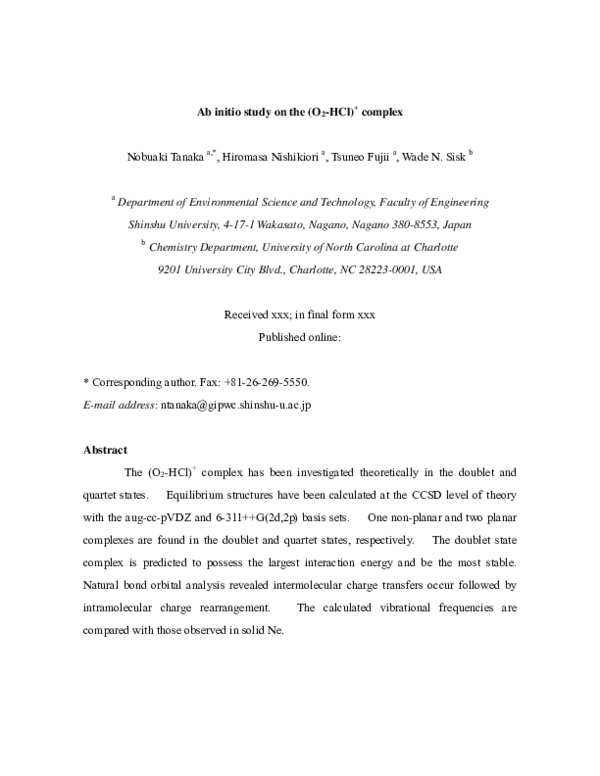 (PDF) Ab initio study on the (O2–HCl)+ complex | Wade Sisk - Academia.edu