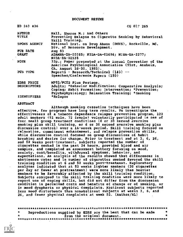 (PDF) Preventing relapse to cigarette smoking by behavioral skill training