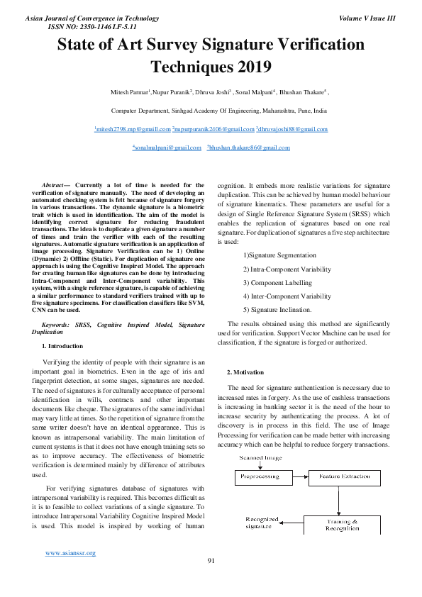 Pdf State Of Art Survey Signature Verification Techniques 2019