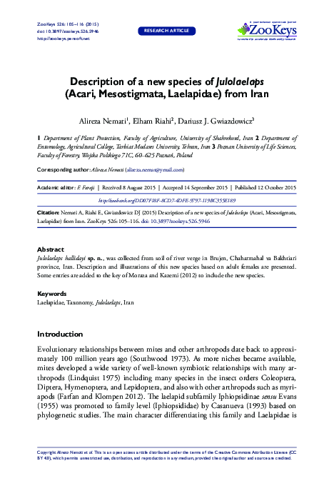 (PDF) Description of a new species of Julolaelaps (Acari, Mesostigmata ...