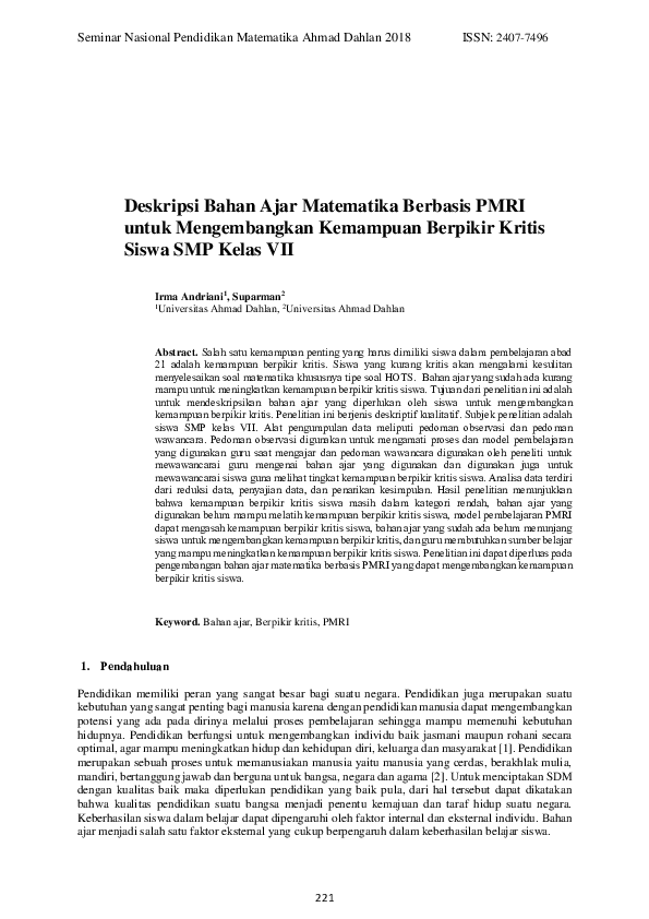 (PDF) Deskripsi Bahan Ajar Matematika Berbasis Pmri Untuk Mengembangkan Kemampuan Berpikir ...