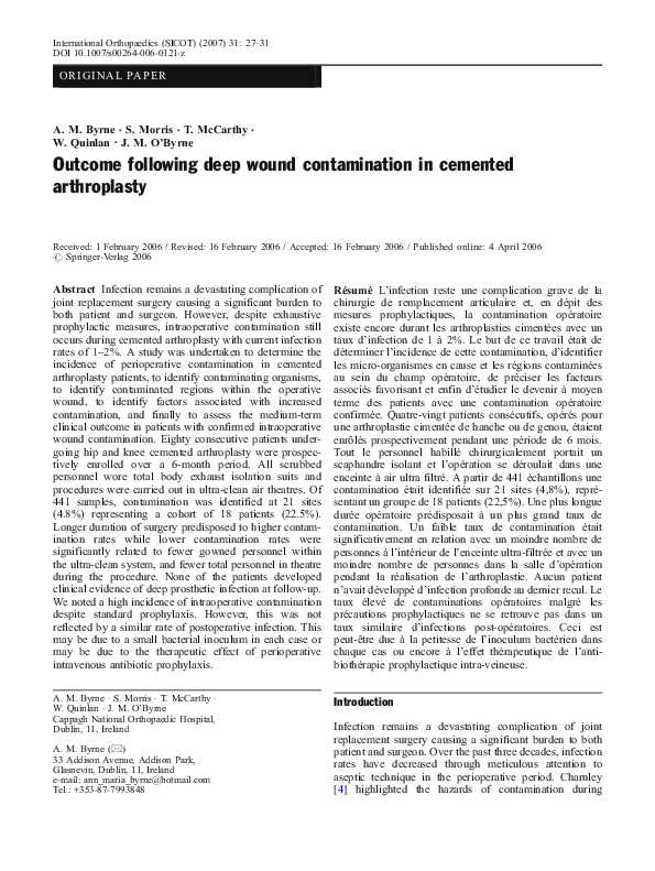 (PDF) Outcome following deep wound contamination in cemented arthroplasty