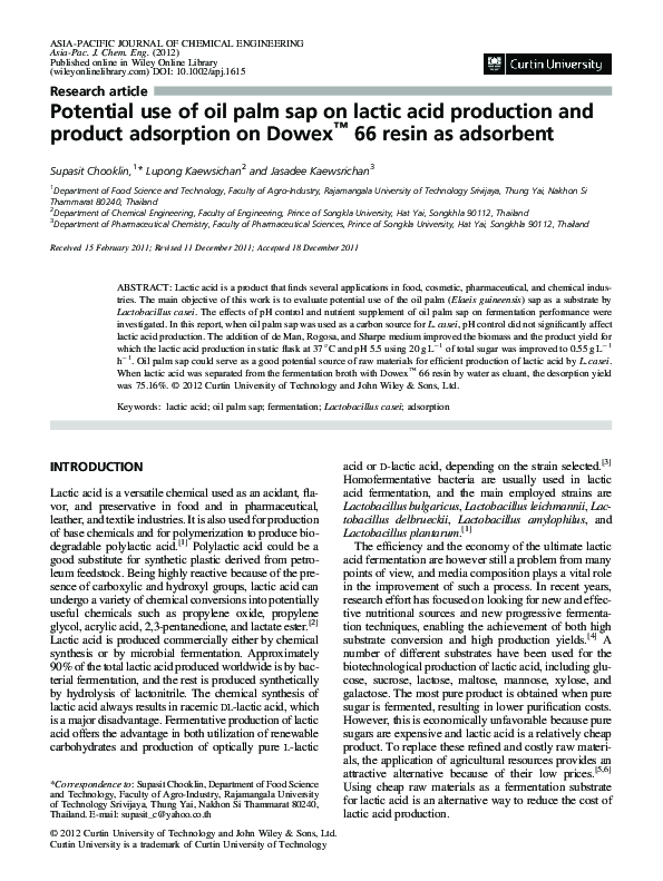 (PDF) Potential use of oil palm sap on lactic acid production and ...
