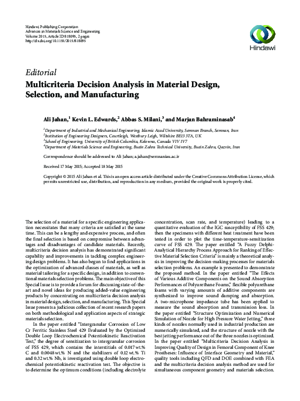 (PDF) Multicriteria Decision Analysis in Material Design, Selection ...